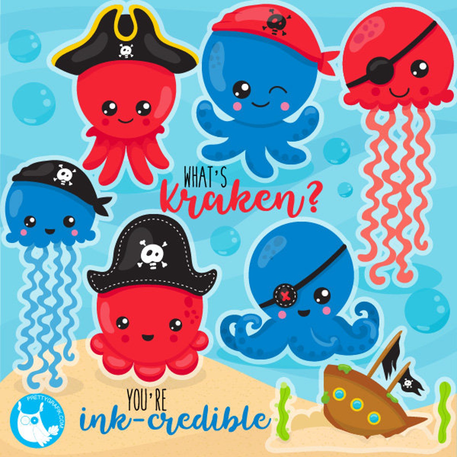Pirate Octopus Clipart Commercial Use Vector Graphics - Etsy