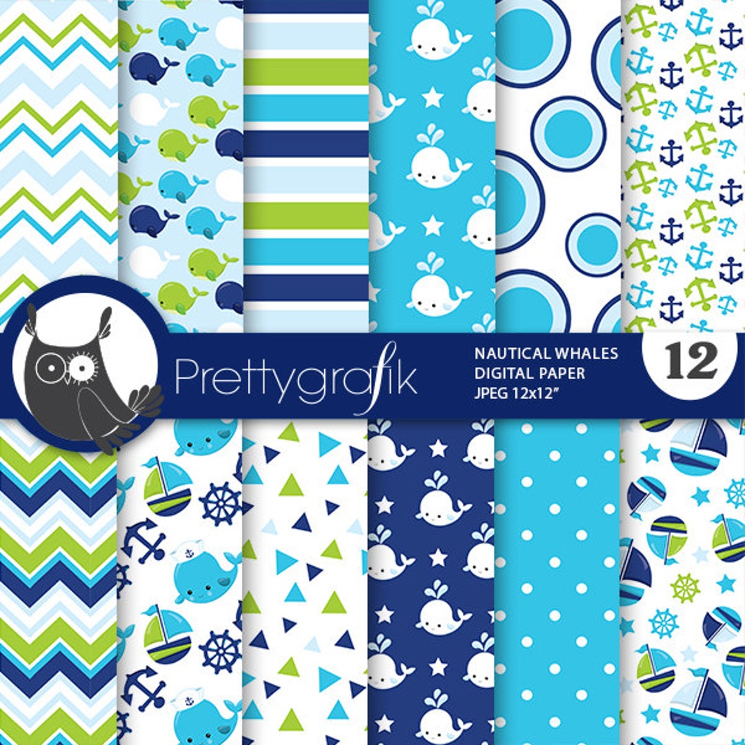 Nautical Whale Digital Paper, Nautical Digital Patterns Commercial Use ...