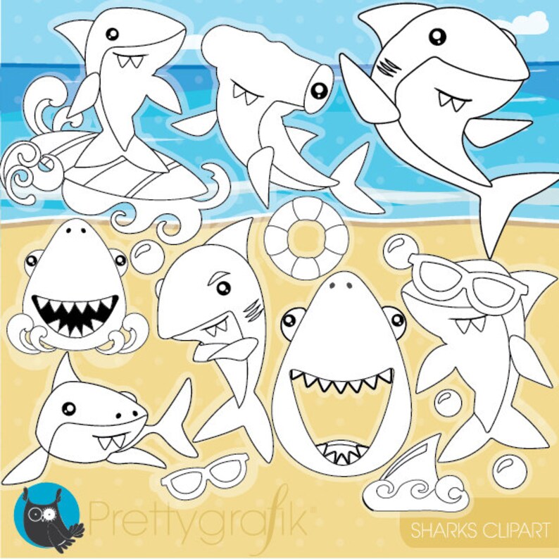 Sharks Digital Stamp Commercial Use Shark Vector Graphics - Etsy