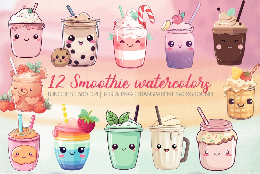Smoothies Clipart Watercolor, Png, Graphics, Printable, Commercial Use ...
