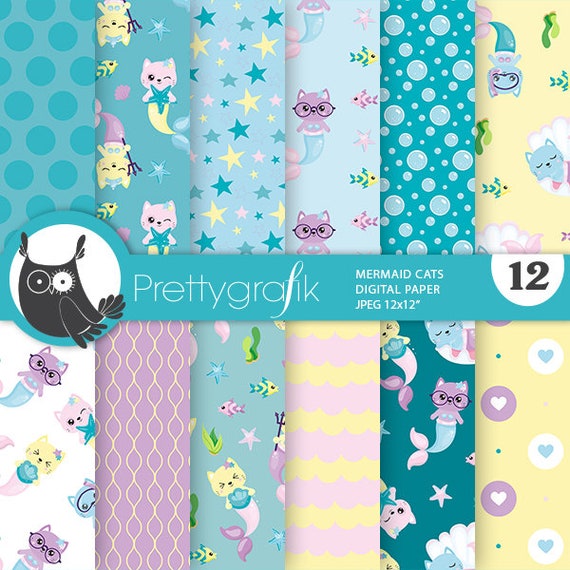 Mermaid Cats patterns, commercial use, scrapbook papers, background ...