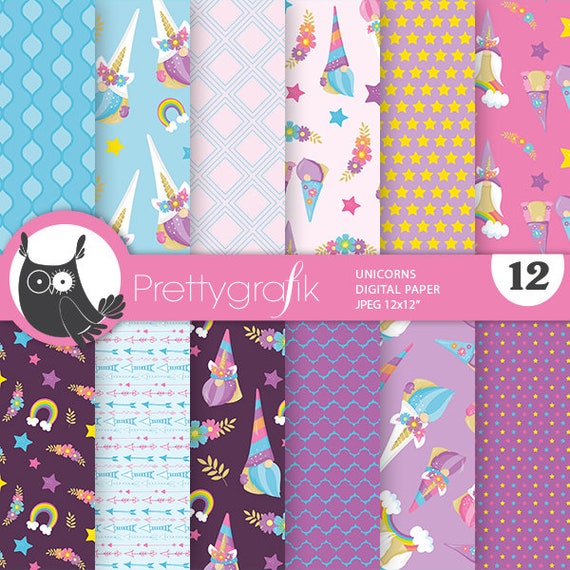 Unicorn Gnomes patterns, commercial use, scrapbook papers, background ...