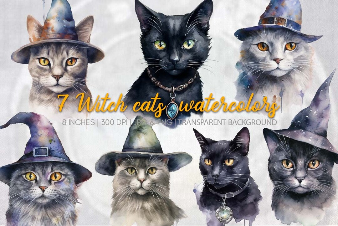 Witch Cats Clipart Watercolor, Png, Graphics, Printable, Commercial Use ...