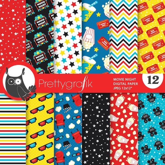 Movie night digital paper, commercial use, scrapbook patterns, theatre ...