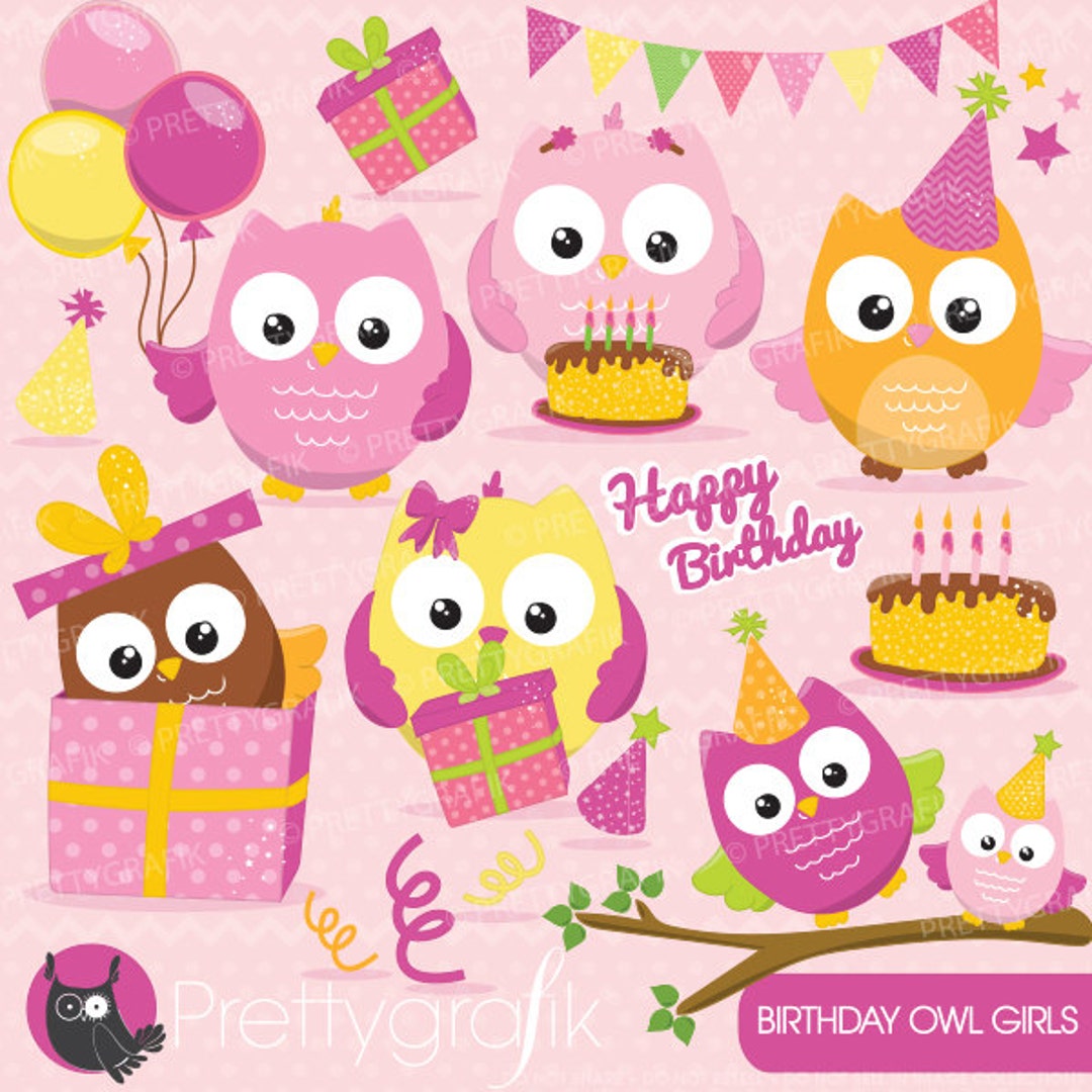 Birthday Owls Girls, Clipart Commercial Use, Vector Graphics, Digital ...