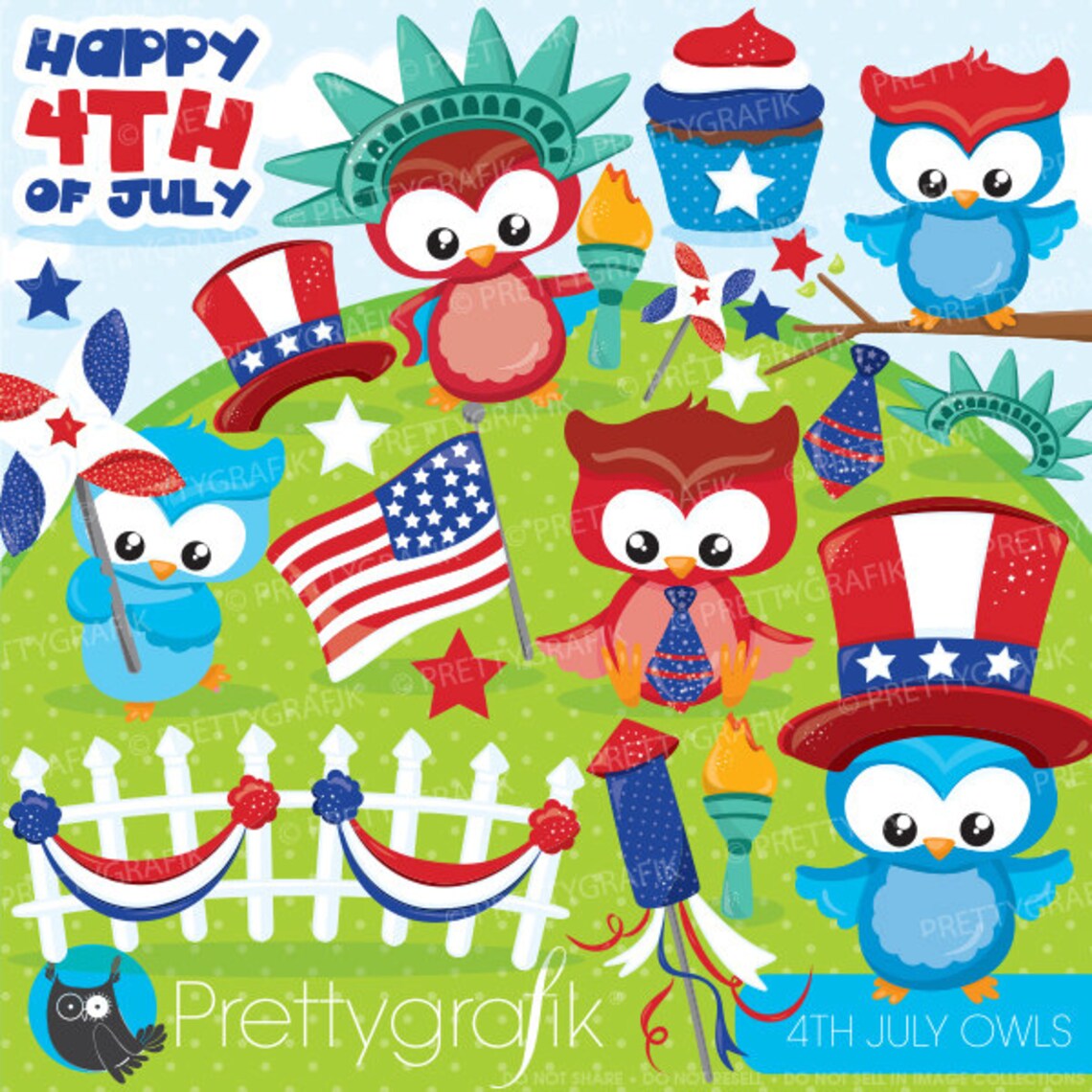Independence Day Owls Clipart Commercial Use 4th of July - Etsy