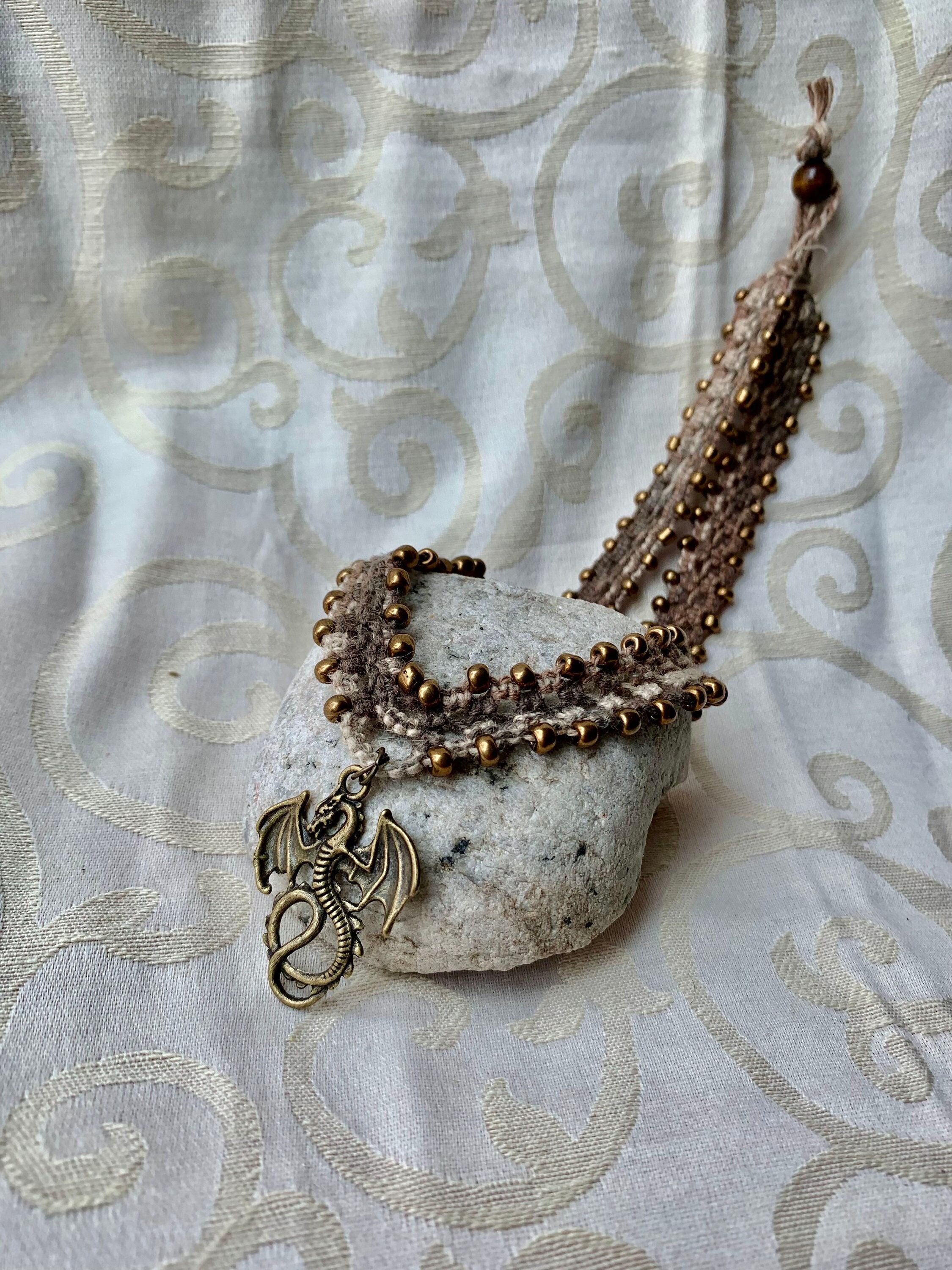 Dragon Pendant Macrame Necklace, Thick Neutral Variegated Hemp Jewelry ...