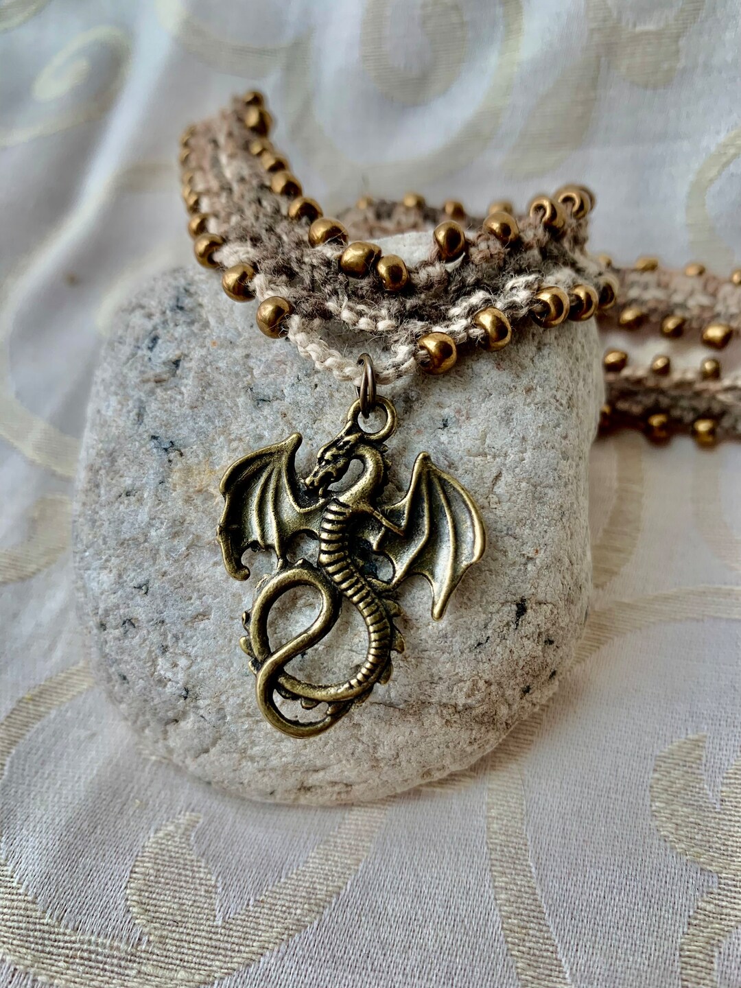 Dragon Pendant Macrame Necklace, Thick Neutral Variegated Hemp Jewelry ...