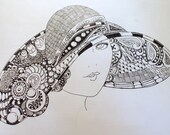 Items similar to Zentangle Art in Ink on Canvas: Lady in Hat on Etsy
