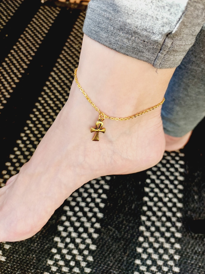 Gold Ankh Anklet | Egyptian Cross Anklet | Egyptian Hieroglyphs Anklet ...