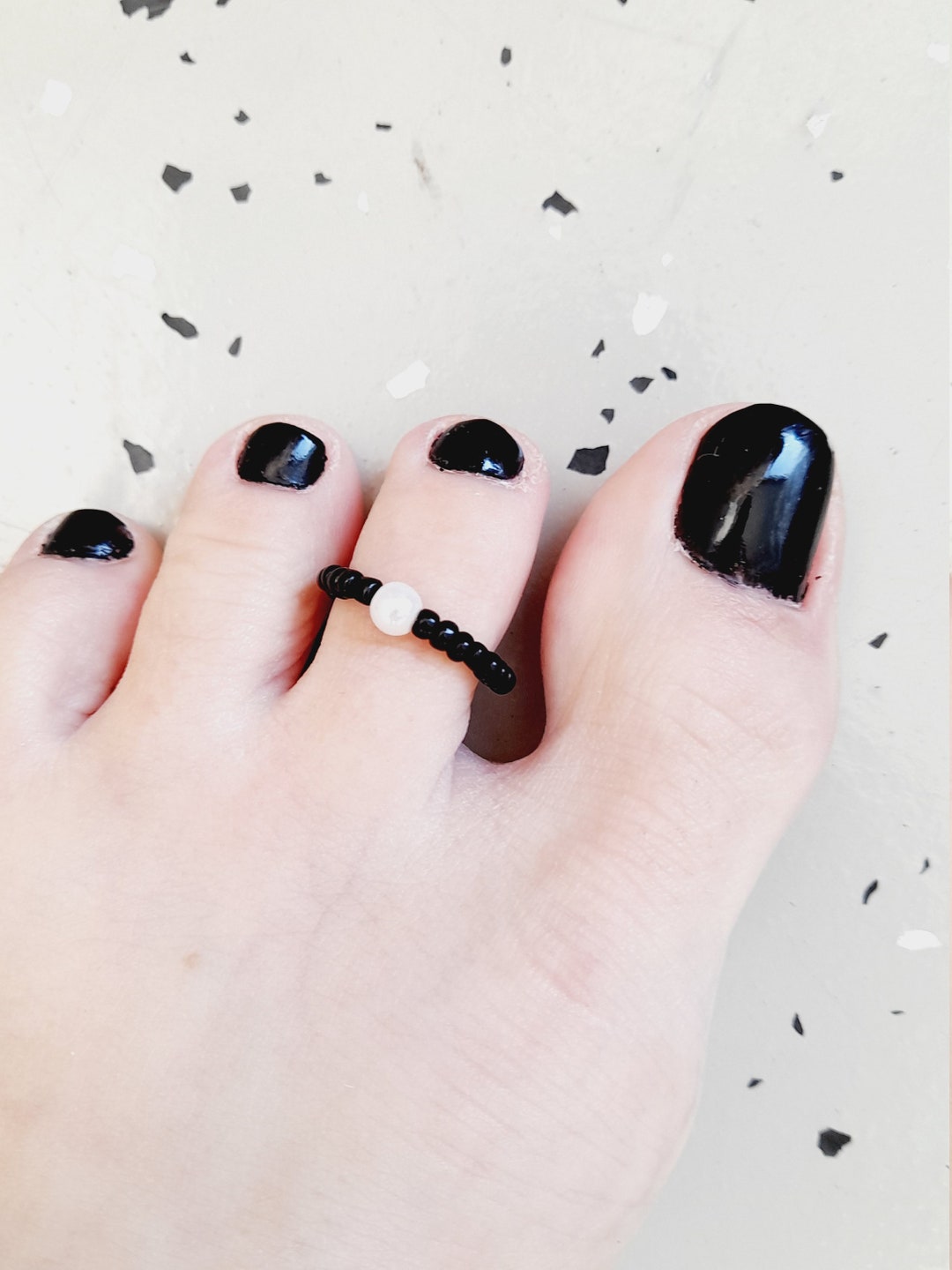 Black Toe Ring Seed Bead Toe Ring Elastic Toe Ring Black and White Toe ...