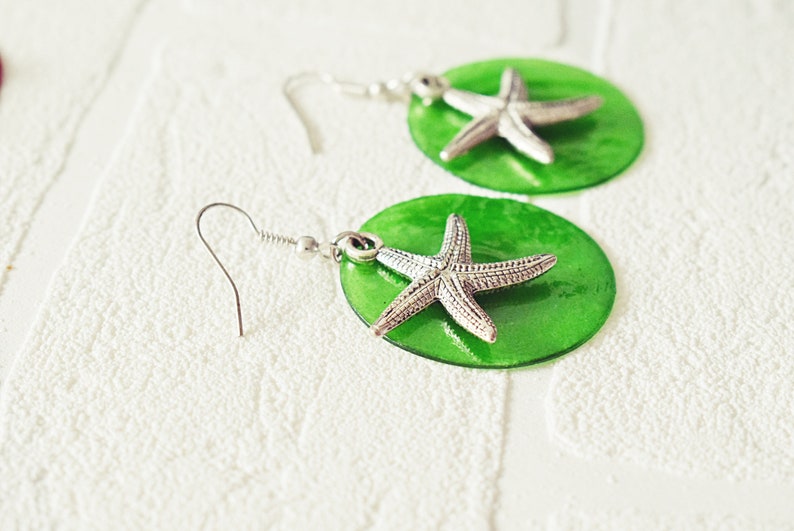 Green Shell Earrings Seashell Earrings Silver Star | Etsy
