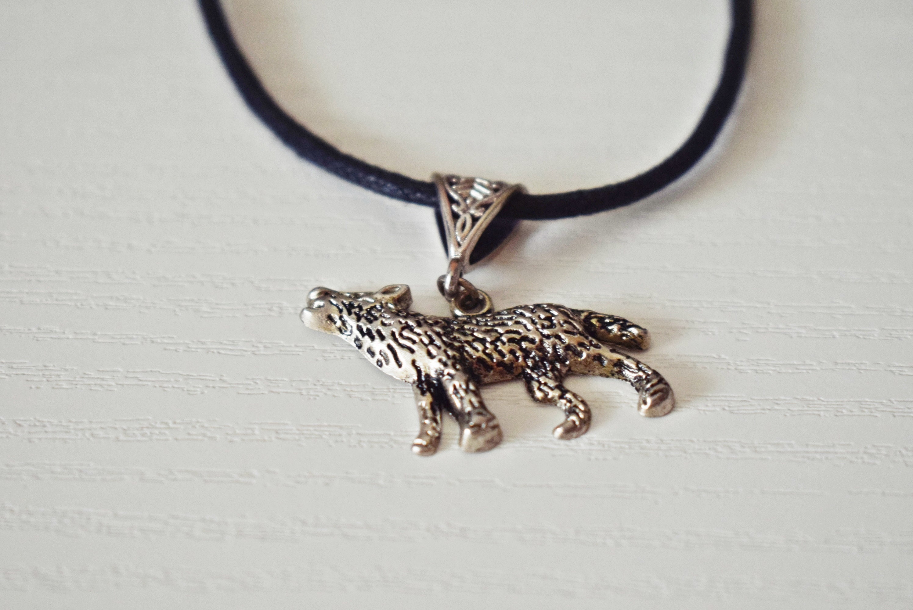 Silver Wolf Necklace Wolf Jewelry Cotton Cord Necklace | Etsy