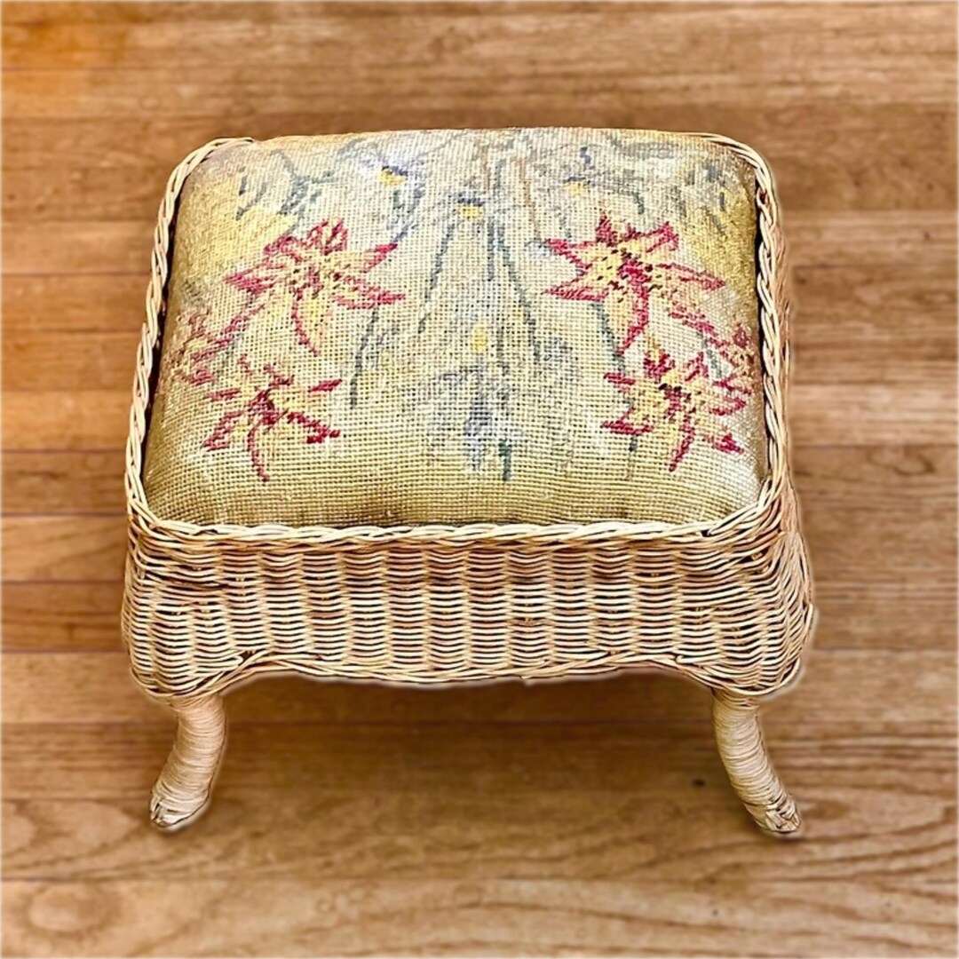Vintage Wicker Ottoman With Cushion Top, Needlepoint Vintage Wicker ...