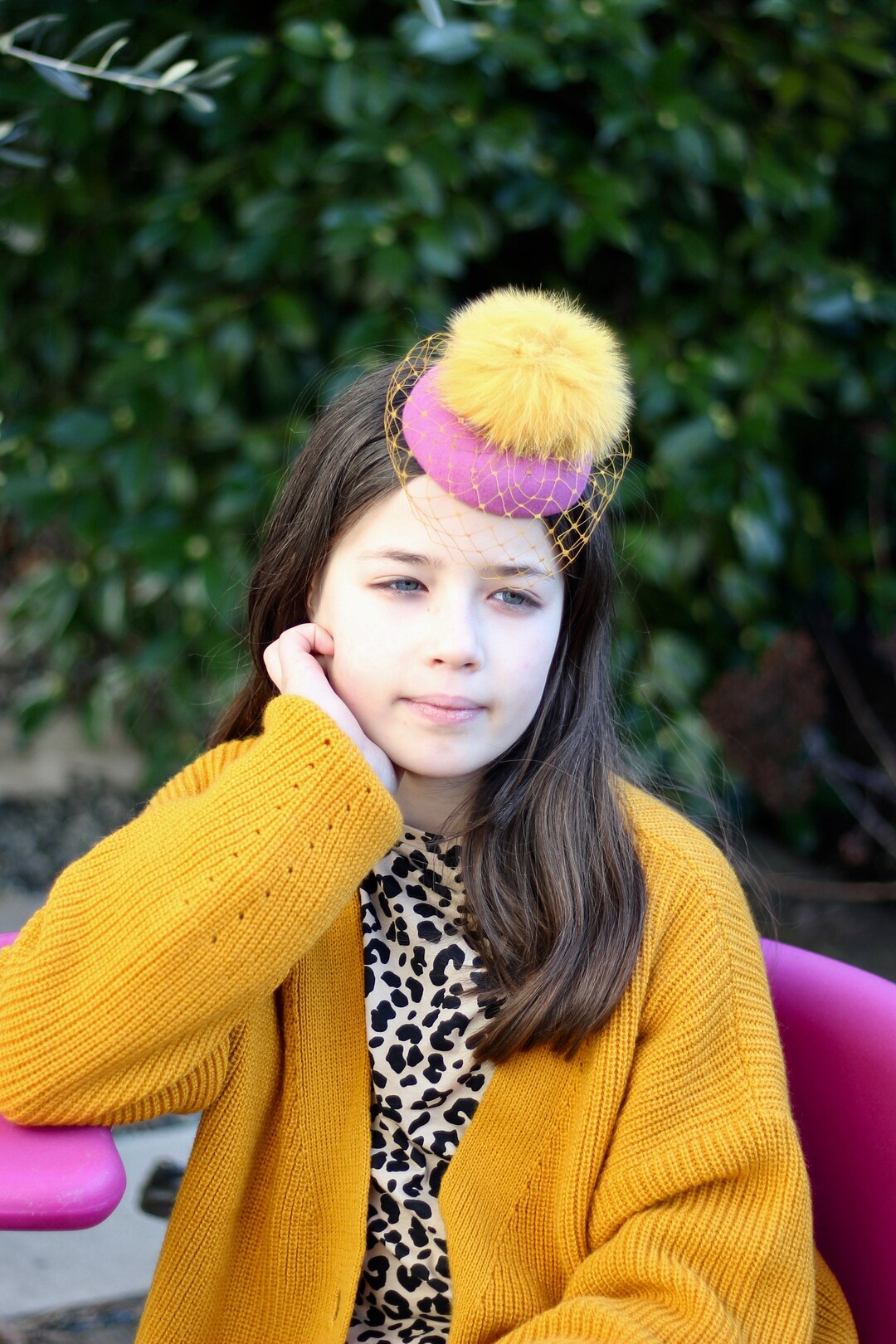 Yellow Pink Girls Mini Hat, Pom Pom Fascinator, Tea Party Hat, Birthday ...