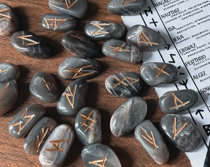 Black Moonstone Rune Set - Elder Futhark Runes - Ritual Tools - Crystal ...