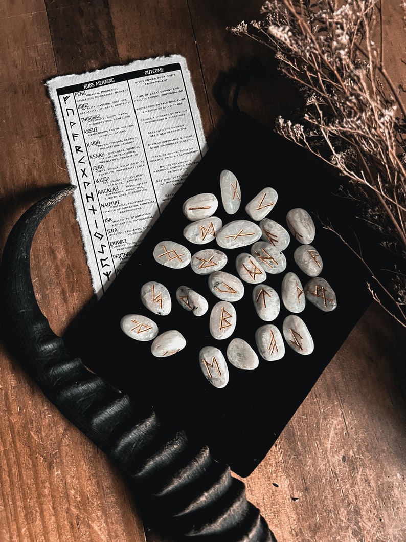 Moonstone Rune Set - Elder Futhark Runes - Ritual Tools - White Crystal ...