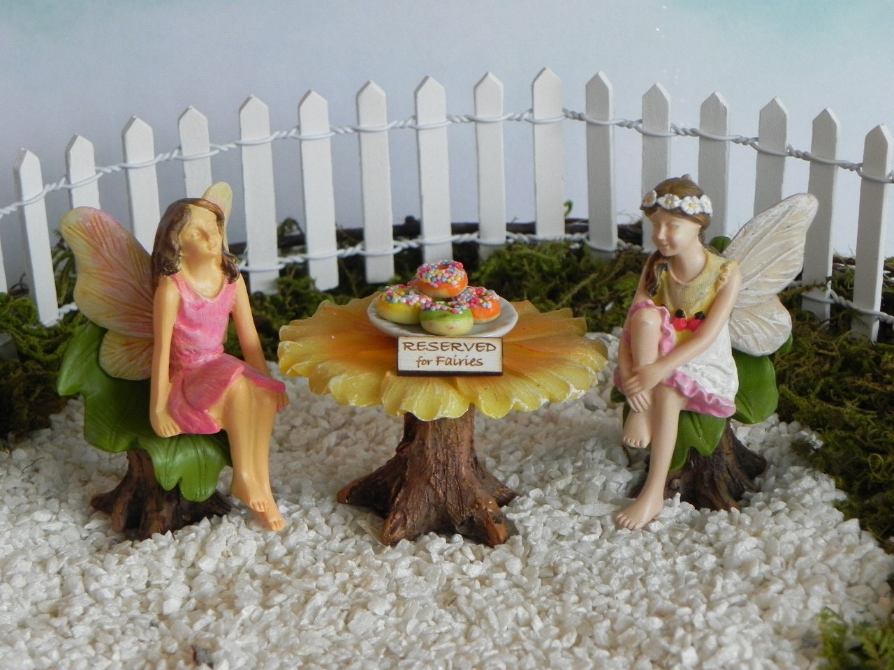 Fairy Garden Table Chairs Furniture Flower Bistro Set, Donuts Plate ...