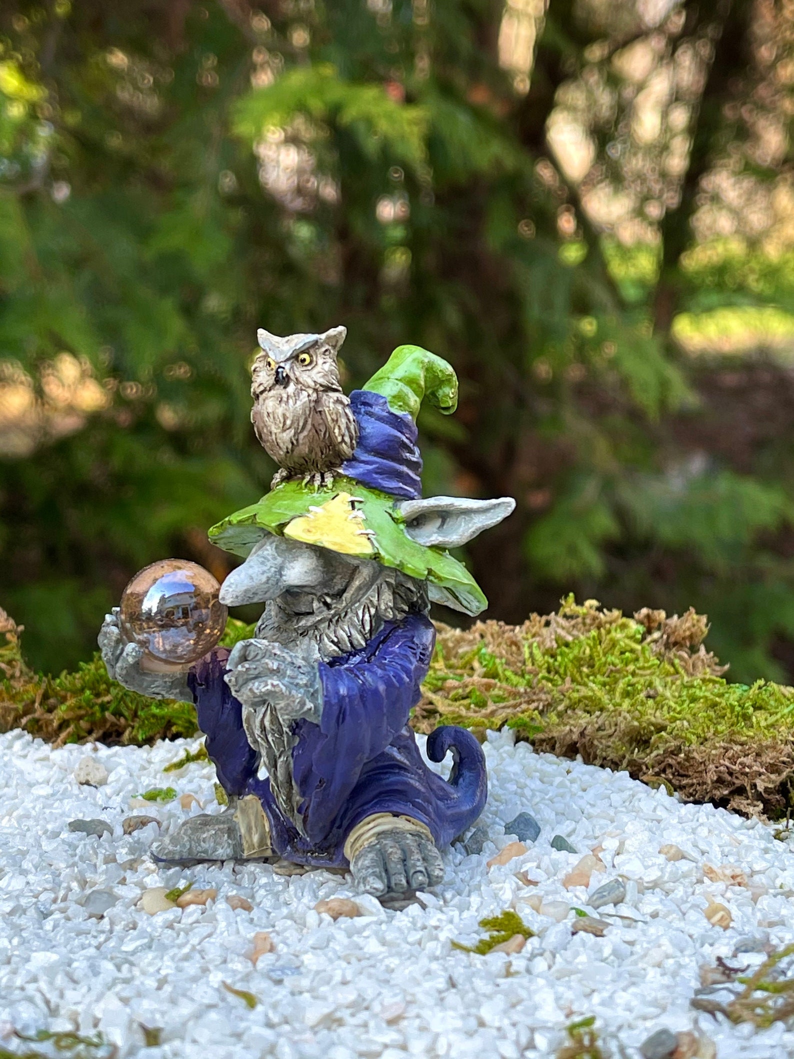 Miniature Wizard With Owl and Gazing Ball, Fairy Garden Accessories ...