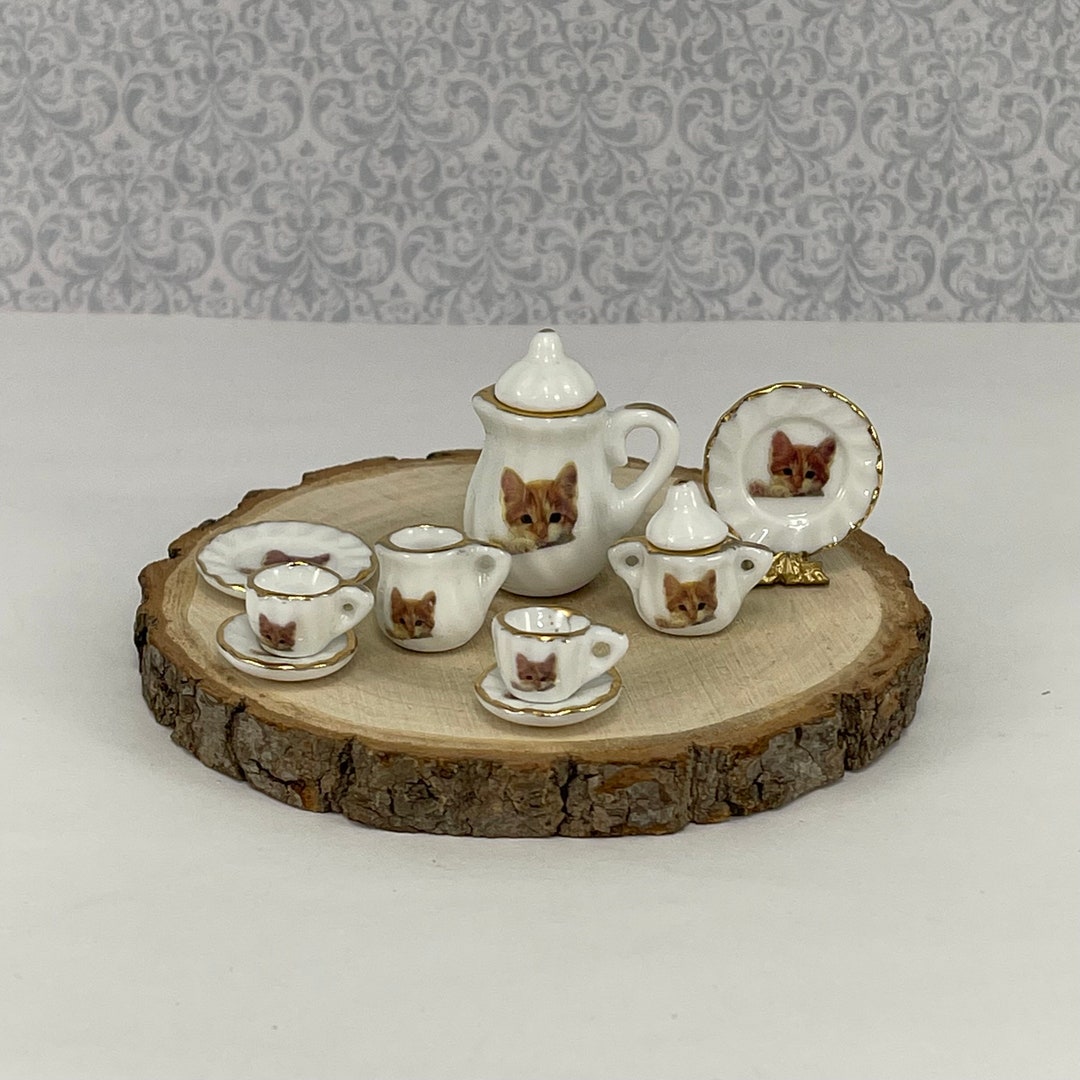Miniature Cat Tea Set, Kitty Tea Cup, Dollhouse Miniatures, Fairy ...