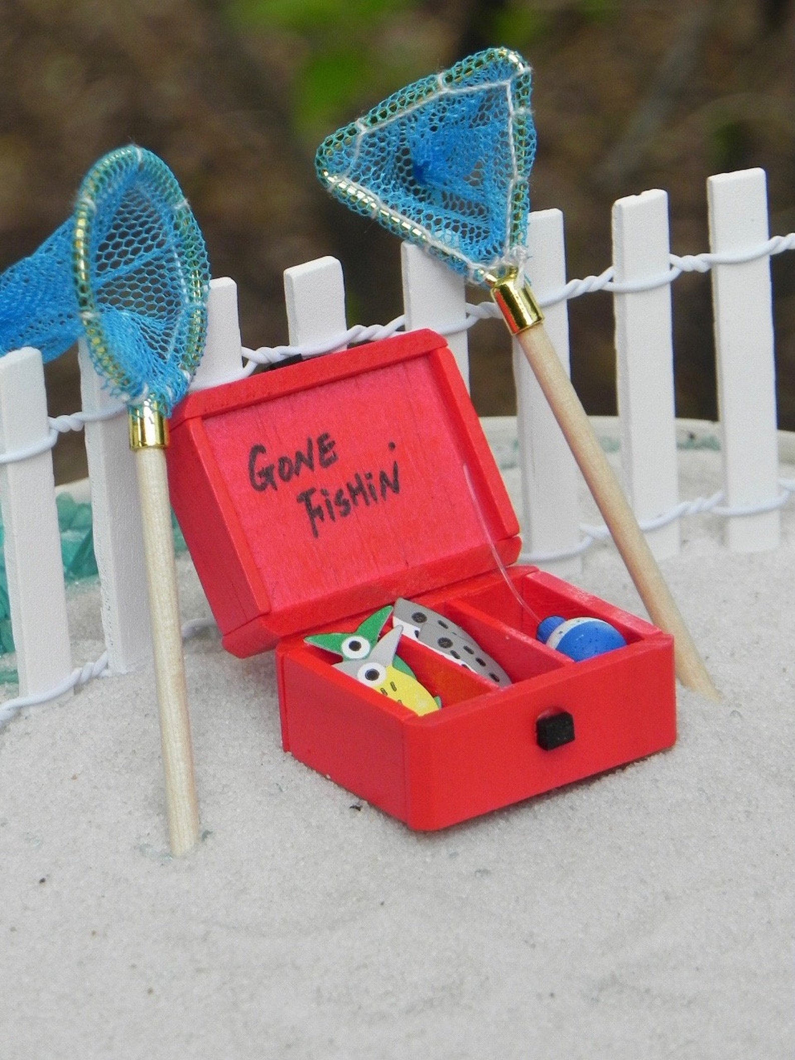 Miniature Fishing Tackle Box, Nets, White Fence, Miniatures for Fairy ...