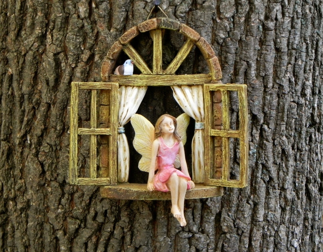 Fairy Garden Accessories Window With Sitting FAIRY With Pink Dress ...