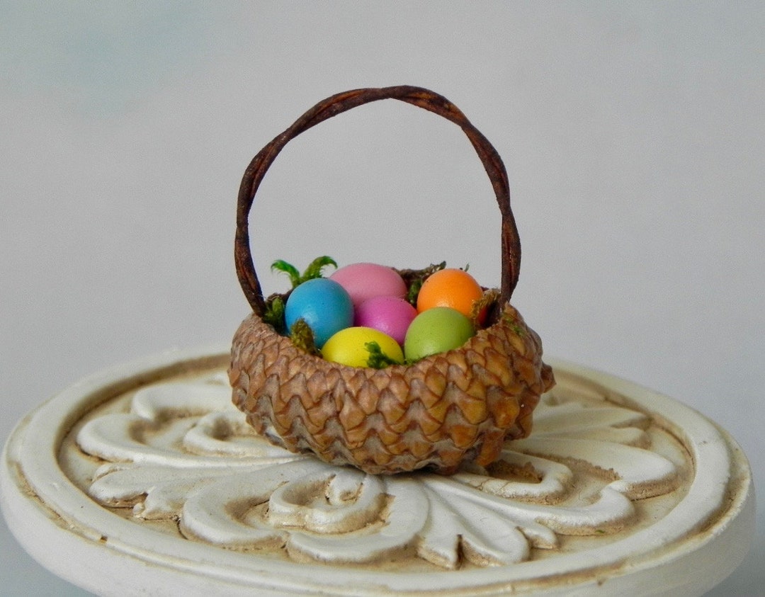 Miniature Acorn Cap Easter Basket With Colorful Eggs, Easter Miniatures ...