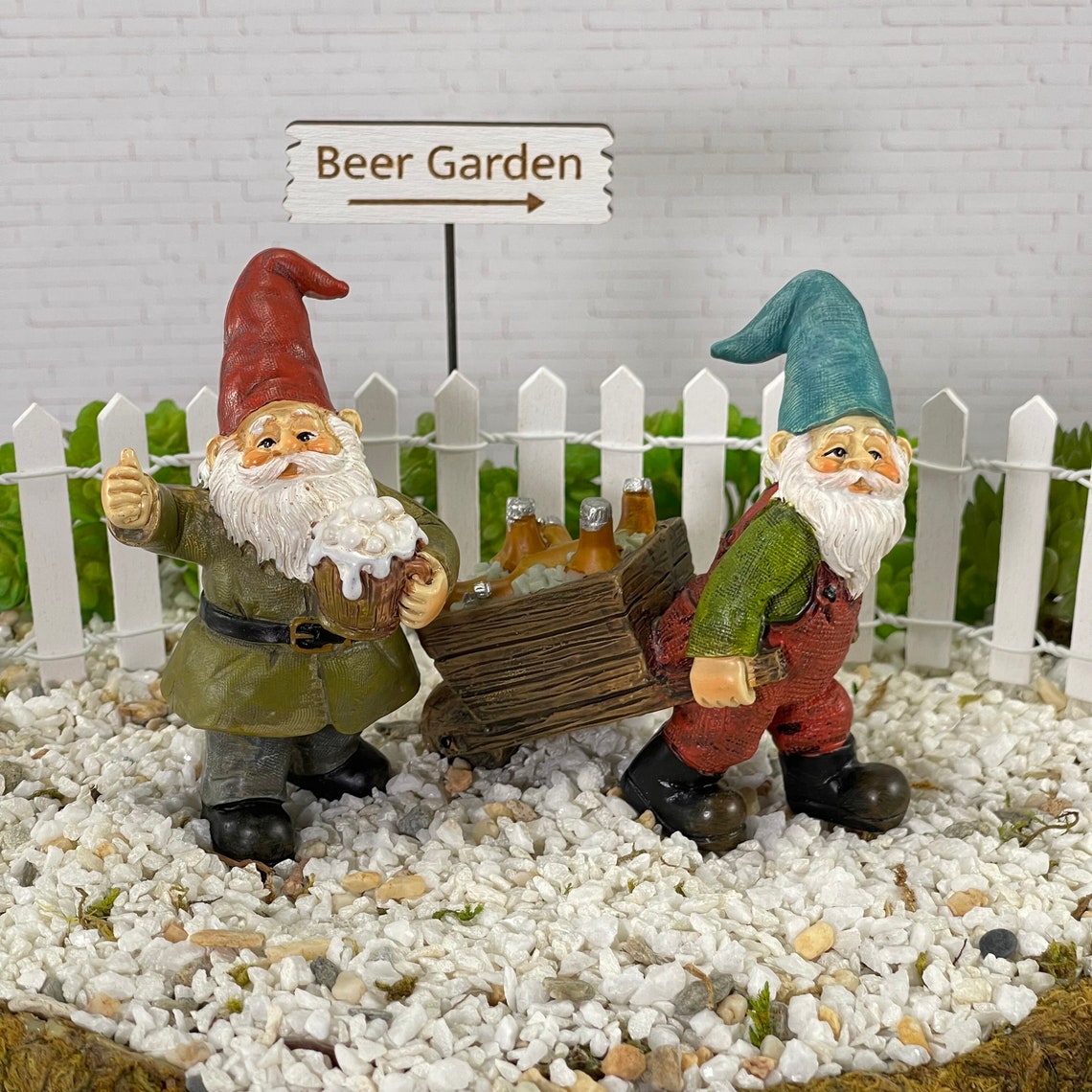 Miniature Gnome Wheelbarrow Beer Garden Sign, Cheers Mini Beer Bottles ...