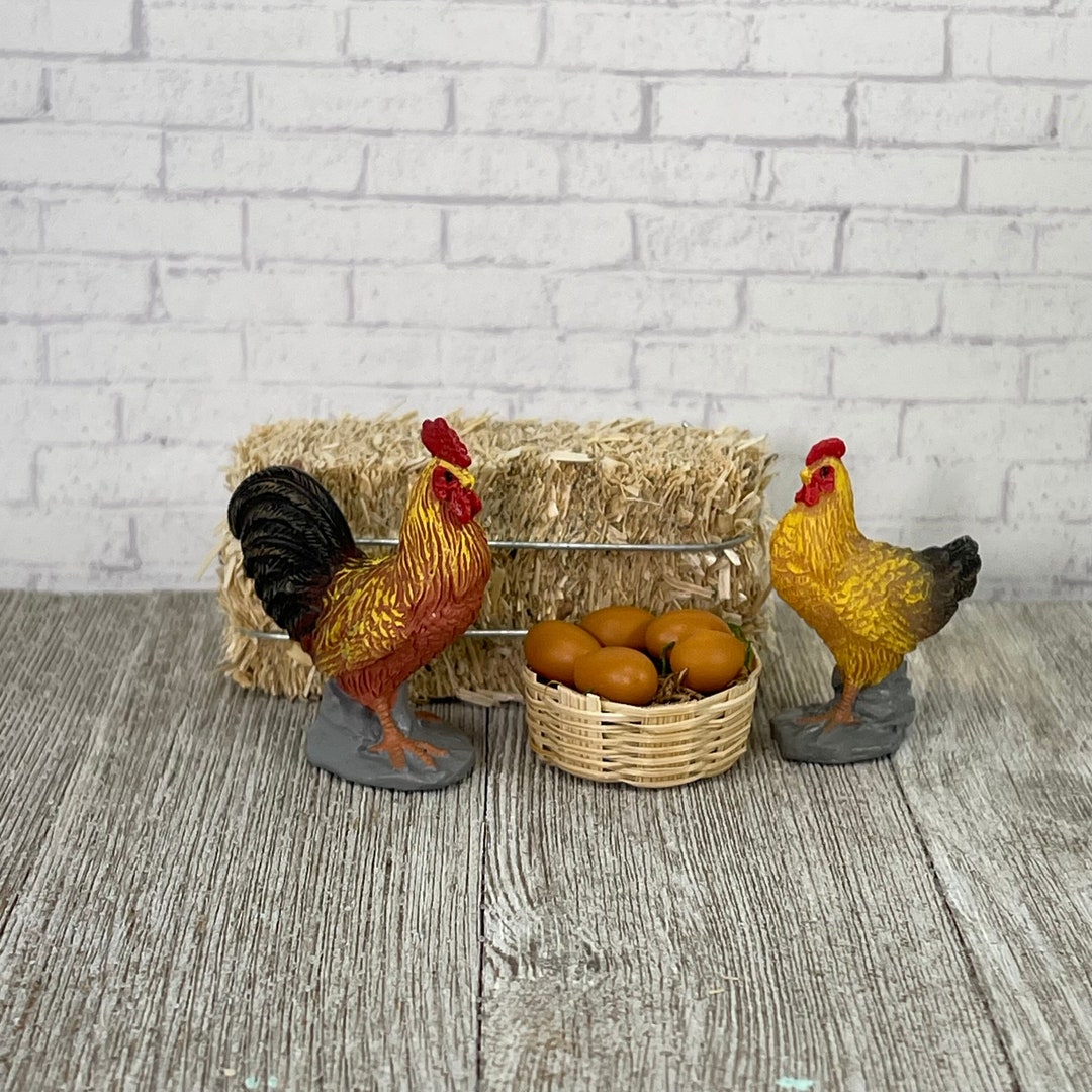 Miniature Chicken Rooster, Egg Basket, Real Straw Hay Bale, Fairy ...