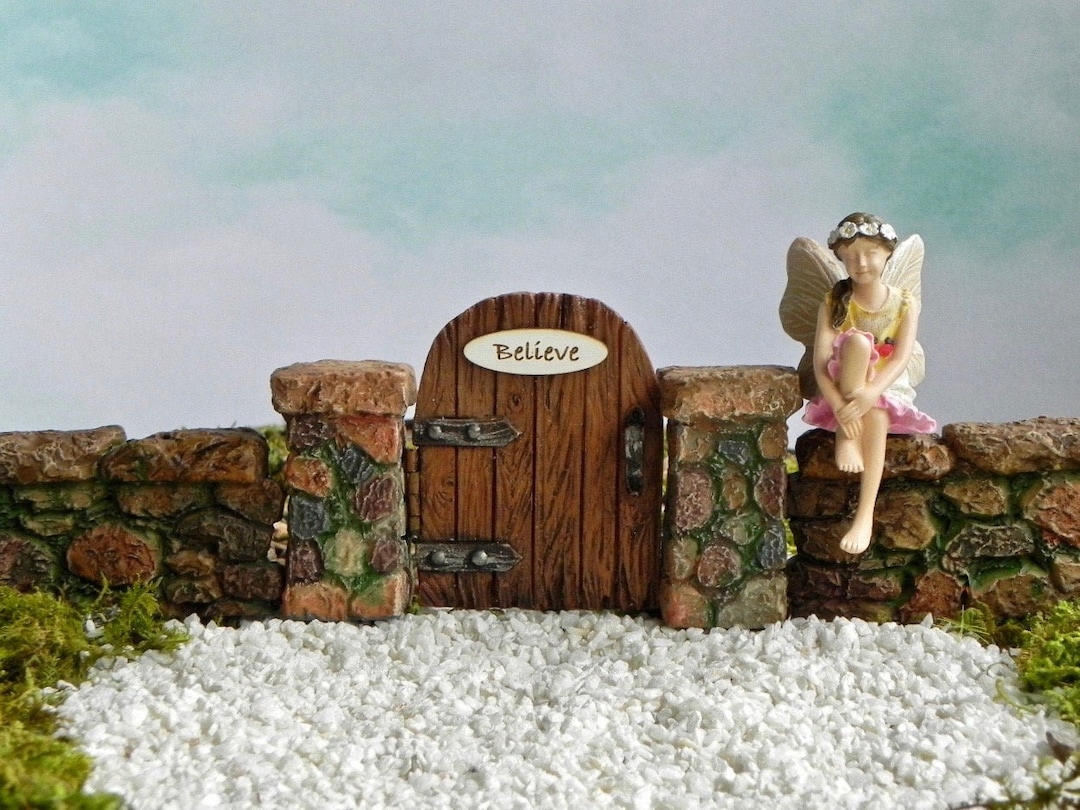 Miniature Fairy Garden Gate, Stone Look, Wall, Door, Pillars, Sitting ...