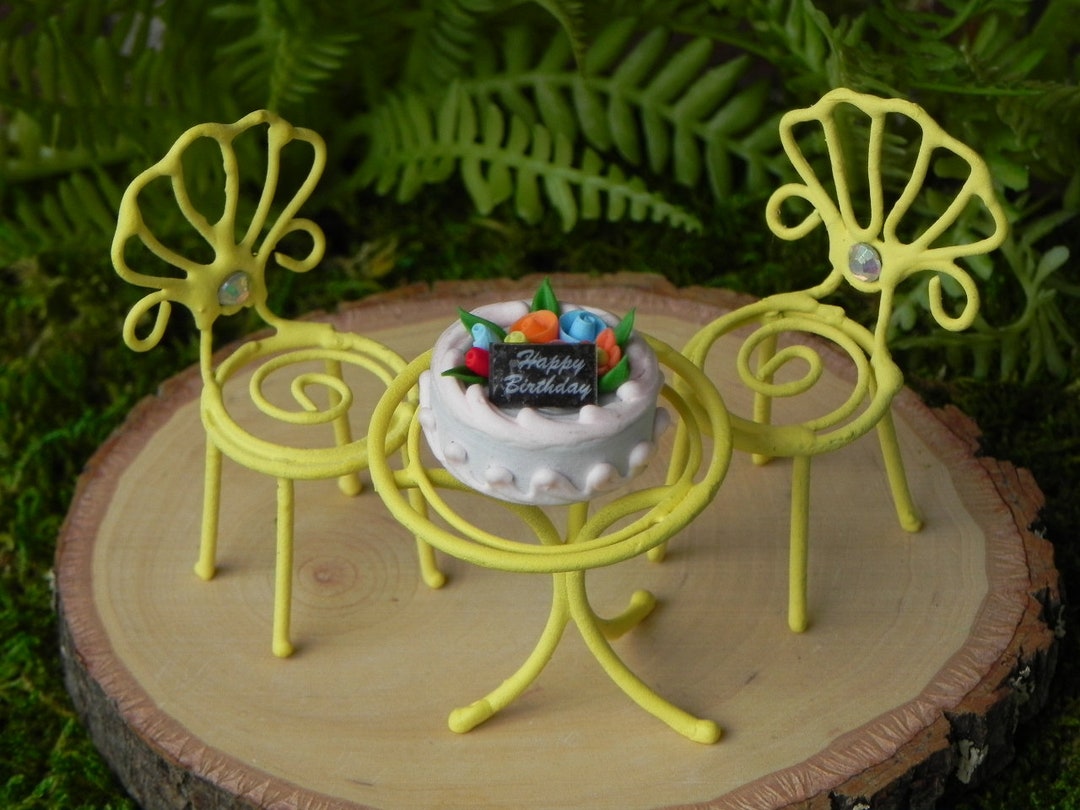 Fairy Garden Furniture TINY Bistro Set Miniature Birthday Cake for ...