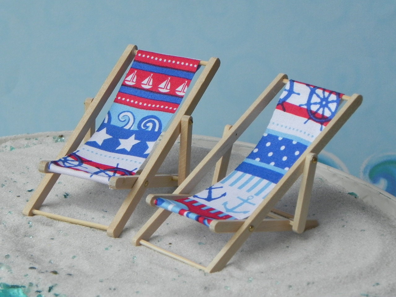 Miniature Deck Chair, Nautical Red White Blue, Mini Coastal Garden ...