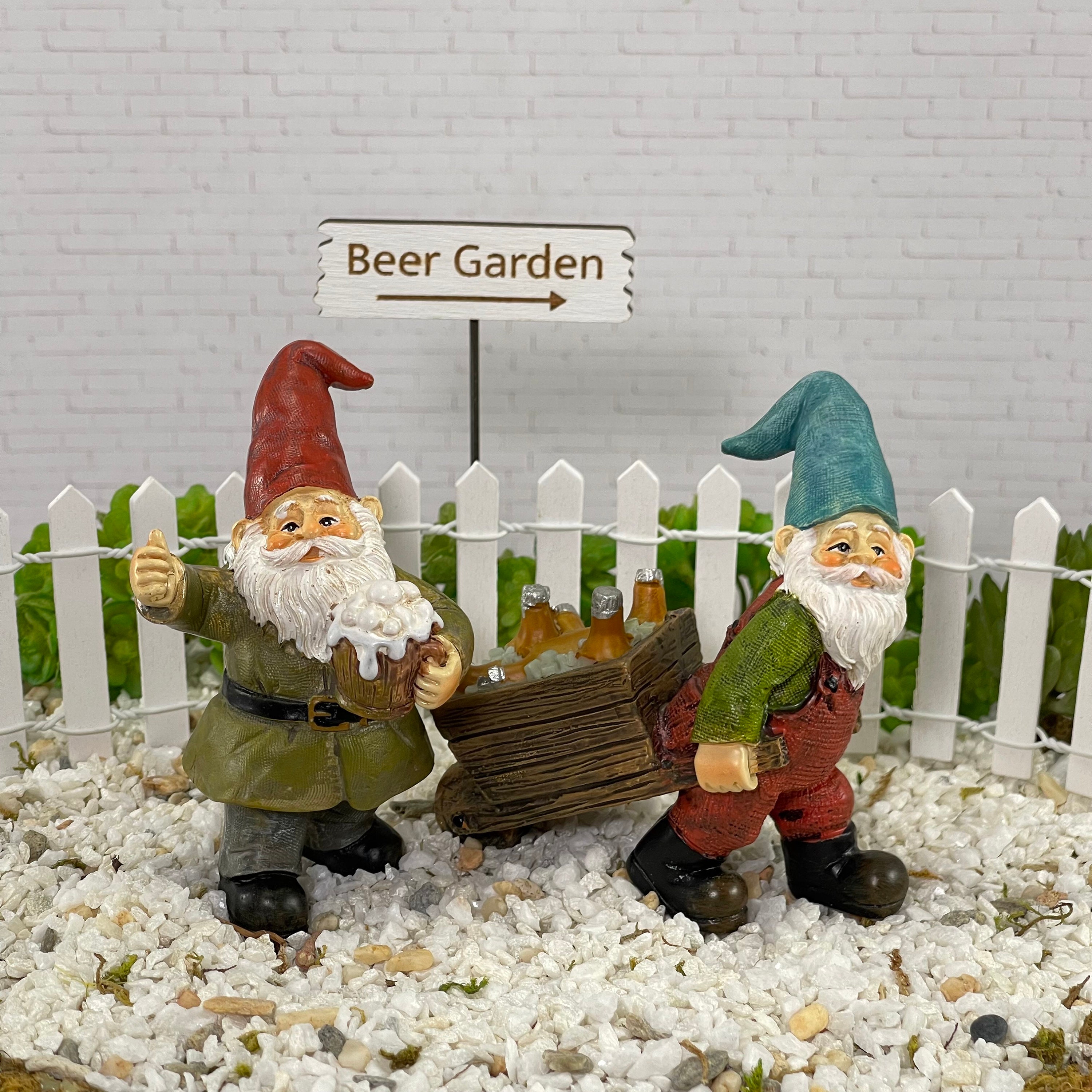 Miniature Gnome Wheelbarrow Beer Garden Sign, Cheers Mini Beer Bottles ...