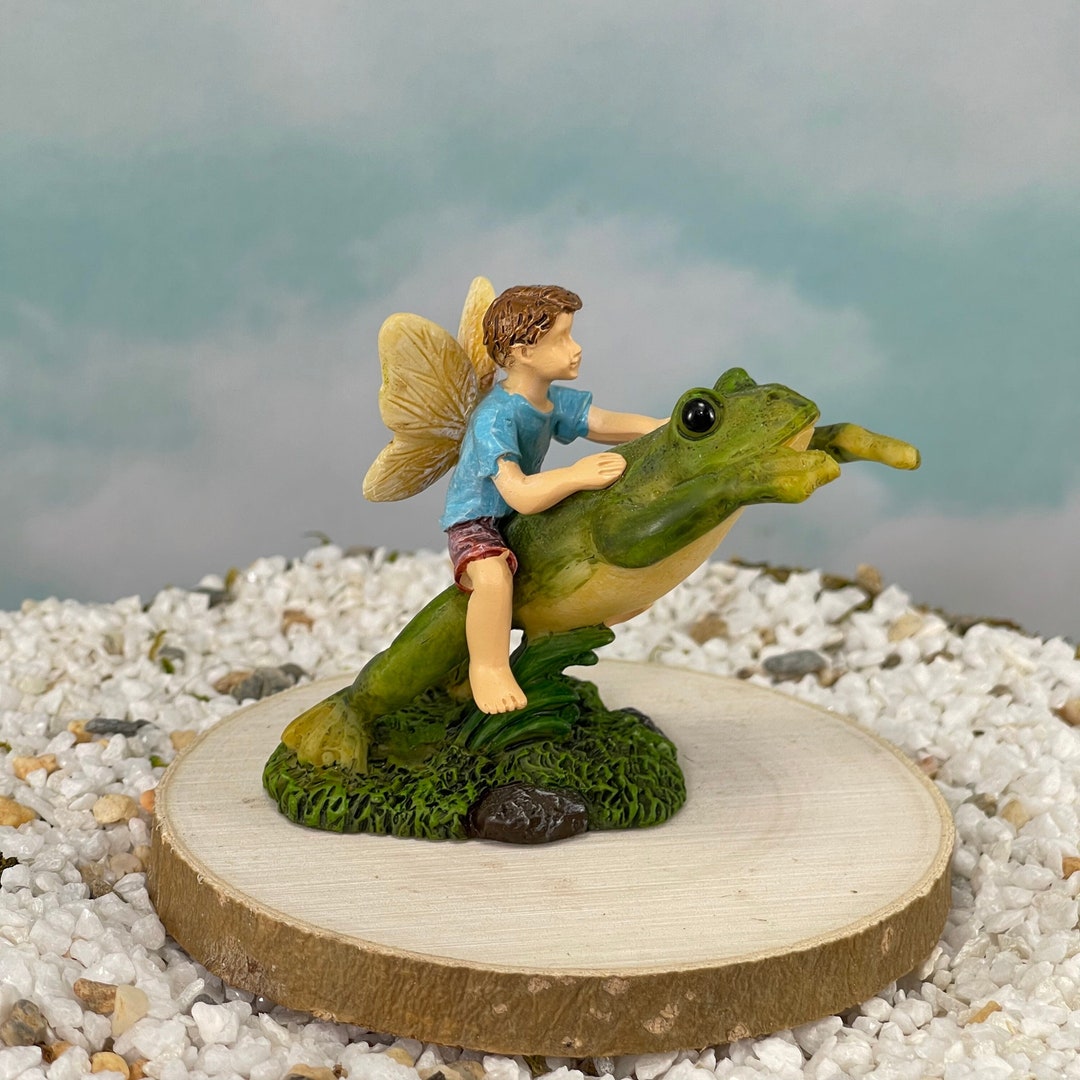 Miniature Boy Fairy Riding Leaping Frog, Miniature Frog Figurine, Boy ...