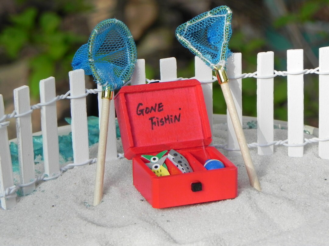 Miniature Fishing Tackle Box, Nets, White Fence, Miniatures for Fairy ...