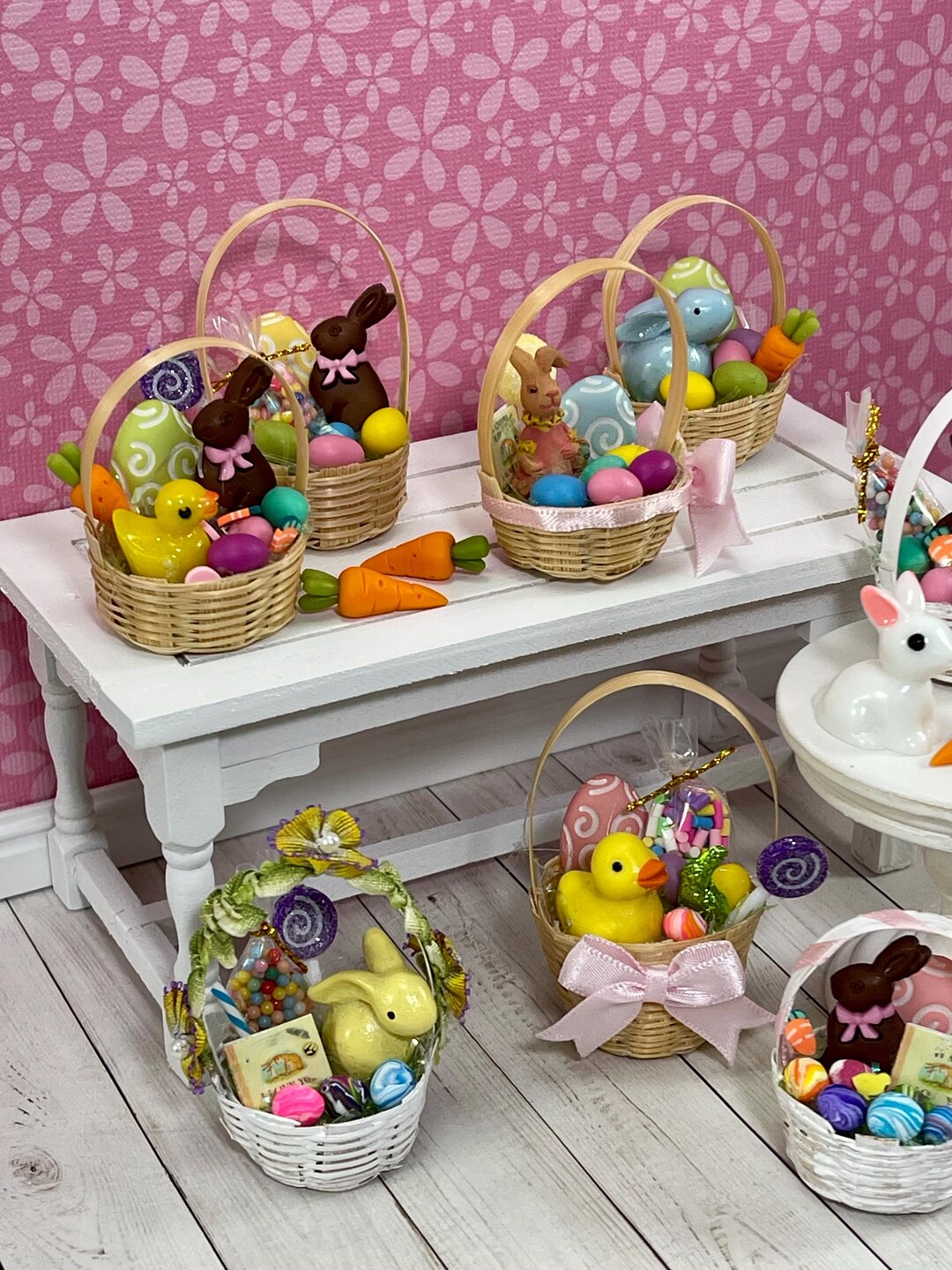 Miniature Easter Basket Dollhouse 1:12, Bunny Book Eggs Carrot, Diorama ...