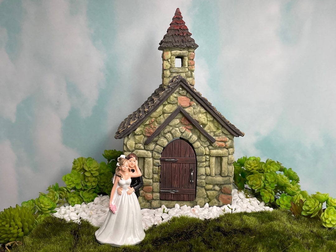Miniature Wedding Chapel, Bride and Groom Figurine, Fairy Garden ...