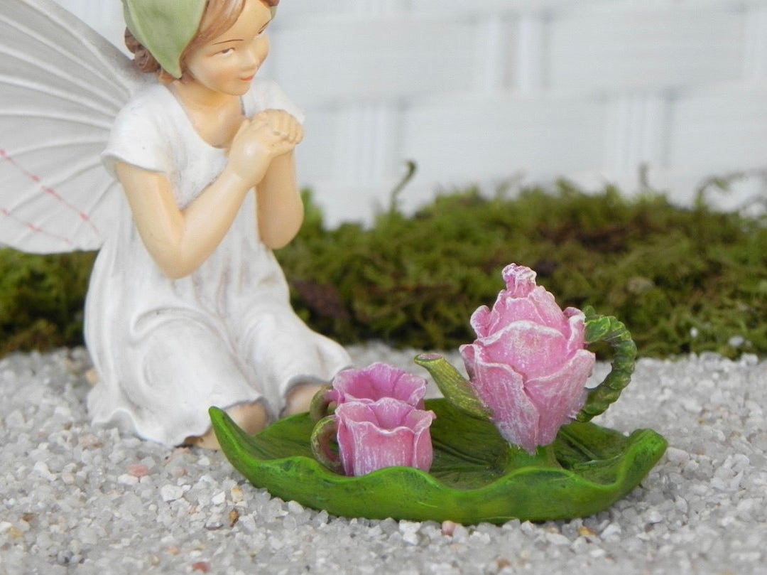 Fairy Garden Tea Set, Rose Tea Cups, Tea Pot, Miniature Handcrafted ...