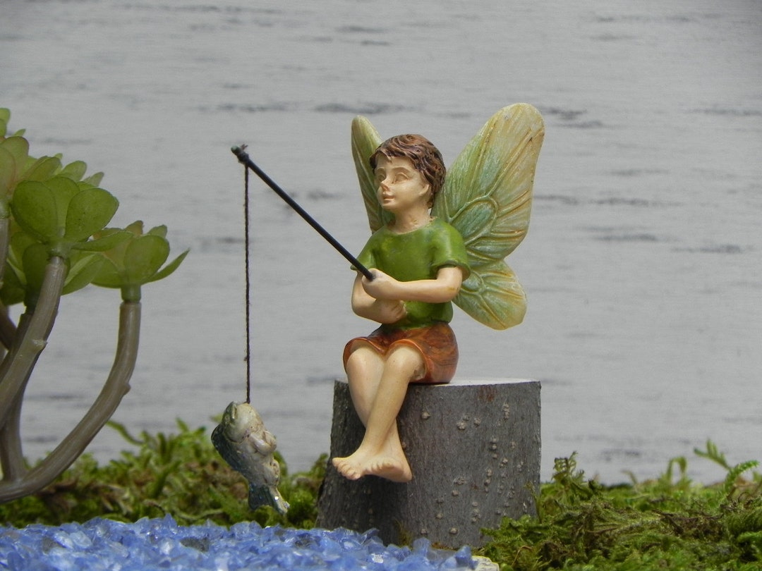 Boy Fishing Fairy, Accessory for Fairy Garden, Fishing Pole Rod, Wood ...