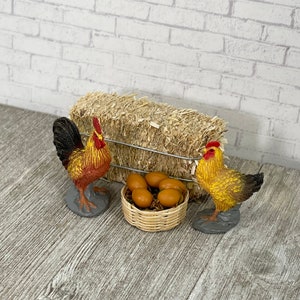 Miniature Chicken Rooster, Egg Basket, Real Straw Hay Bale, Fairy ...
