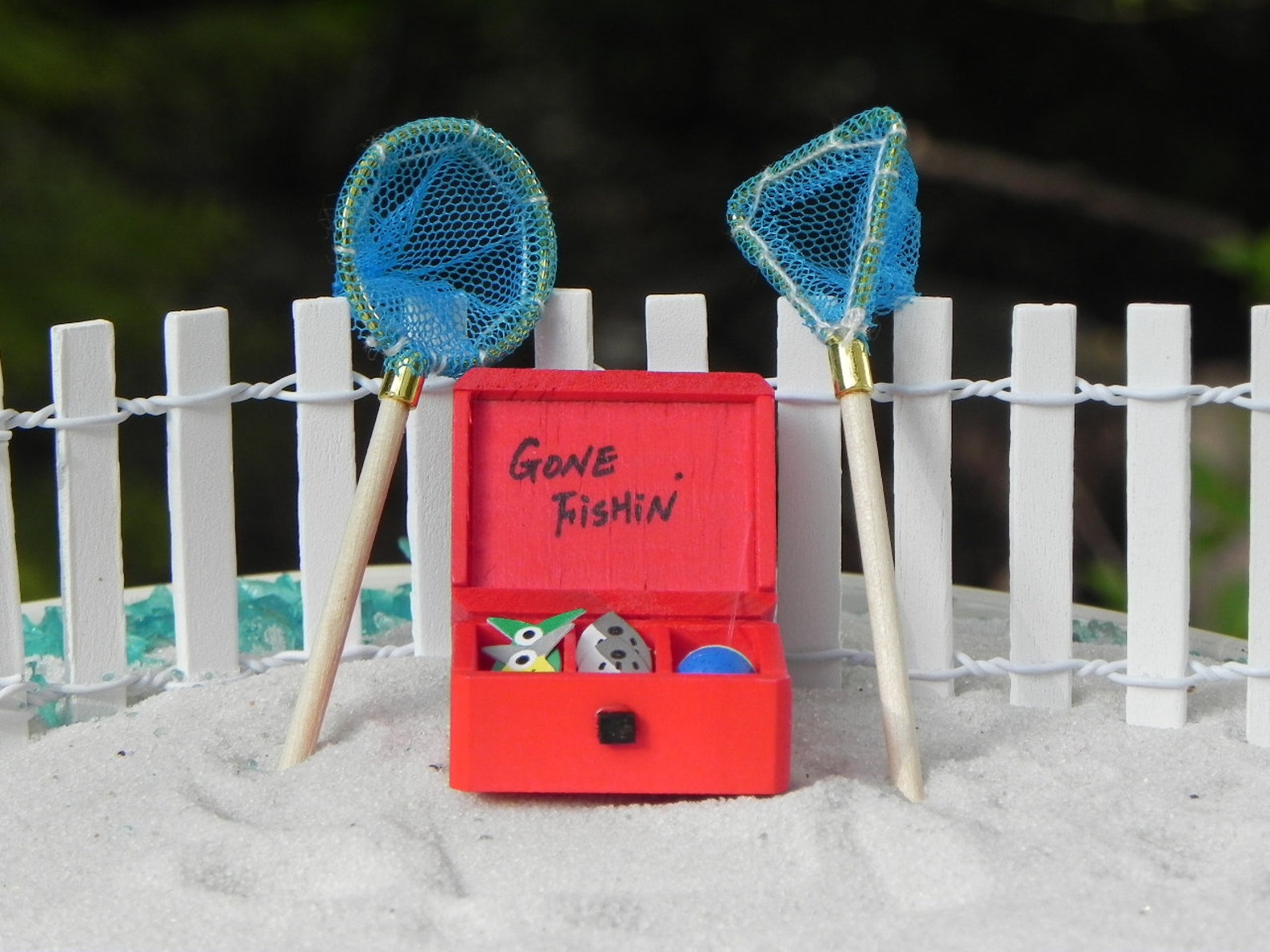 Miniature Fishing Tackle Box, Nets, White Fence, Miniatures for Fairy ...