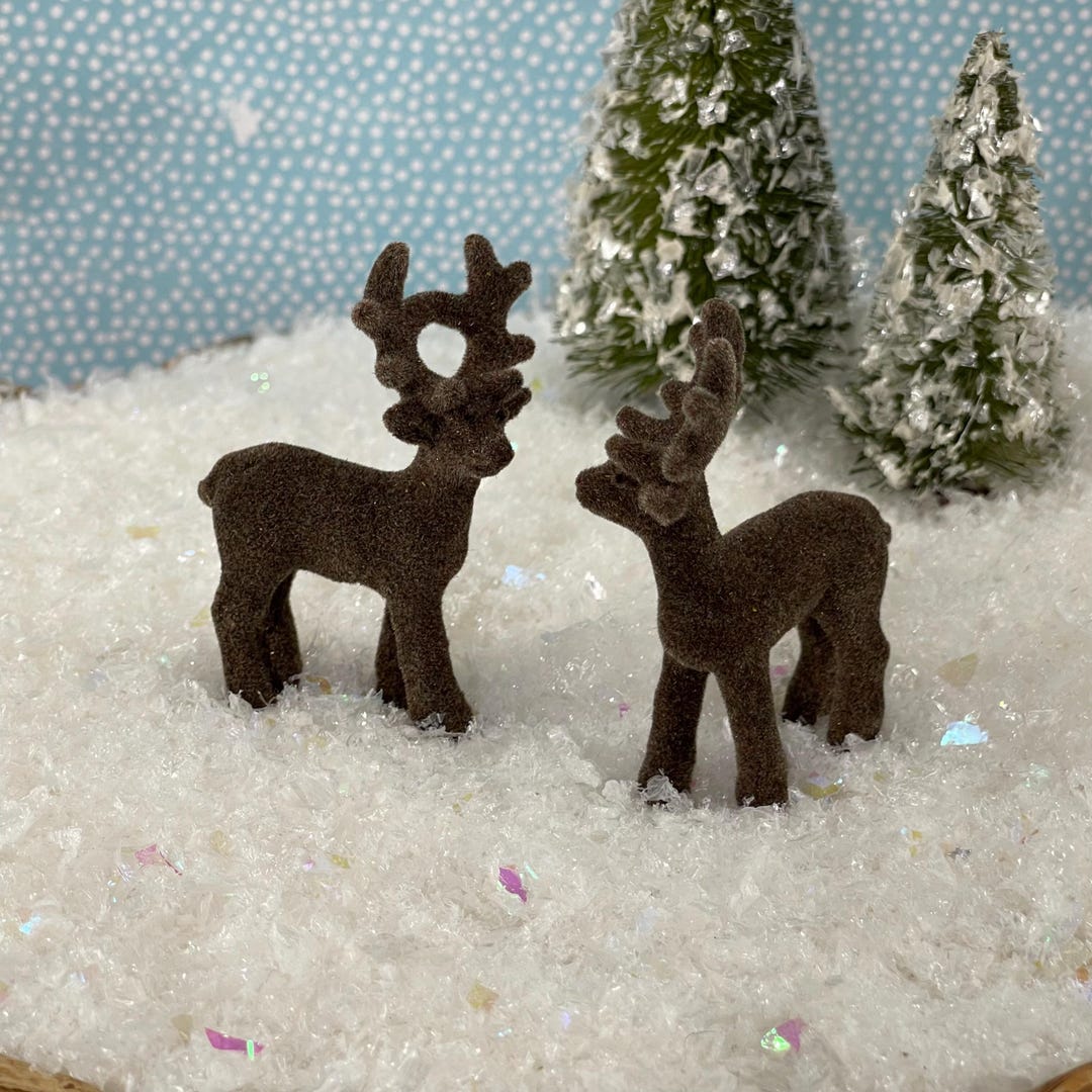 Miniature Reindeer Flocked Deer, Mini Trees Mica Flakes Bottle Brush ...