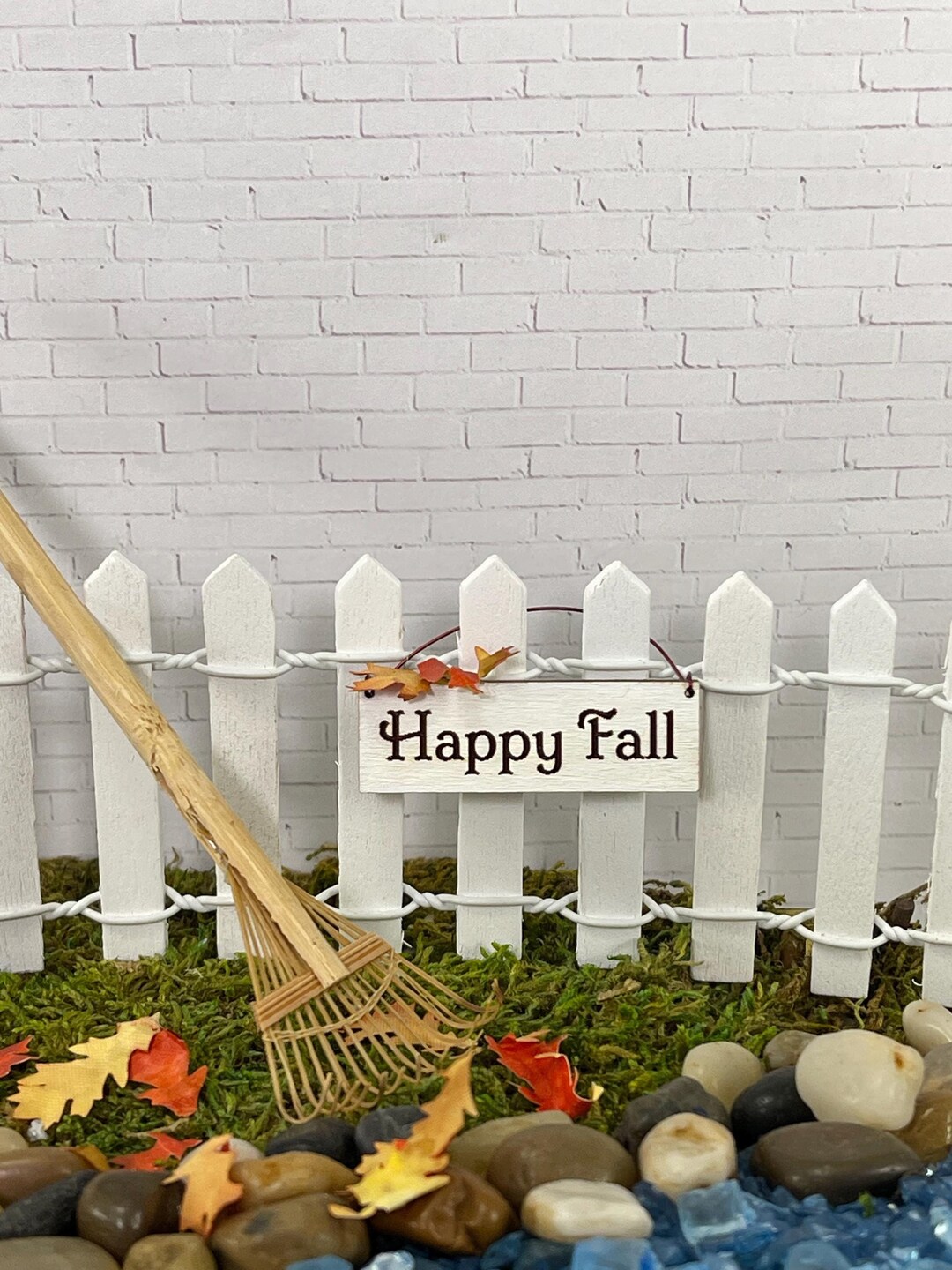 Miniature Rake Leaves Sign Picket Fence, Dollhouse Fairy Garden Fall ...