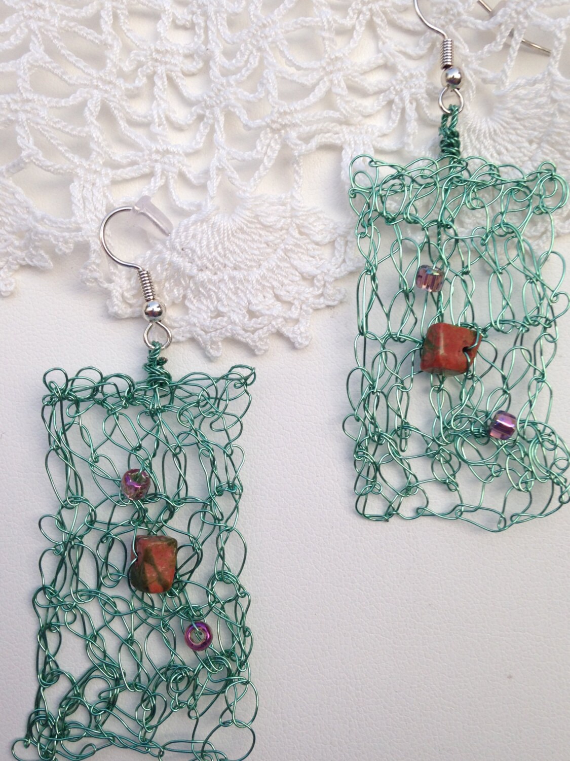 Wire Crocheted Green Earrings, Wire Crochet Rectangle Earrings ...