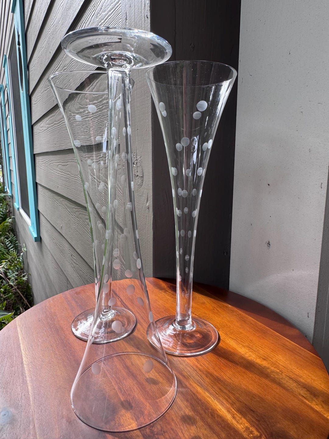 Set of 3 Vintage Etched Polka Dot Champagne Flute, Tall Trumpet Glass ...