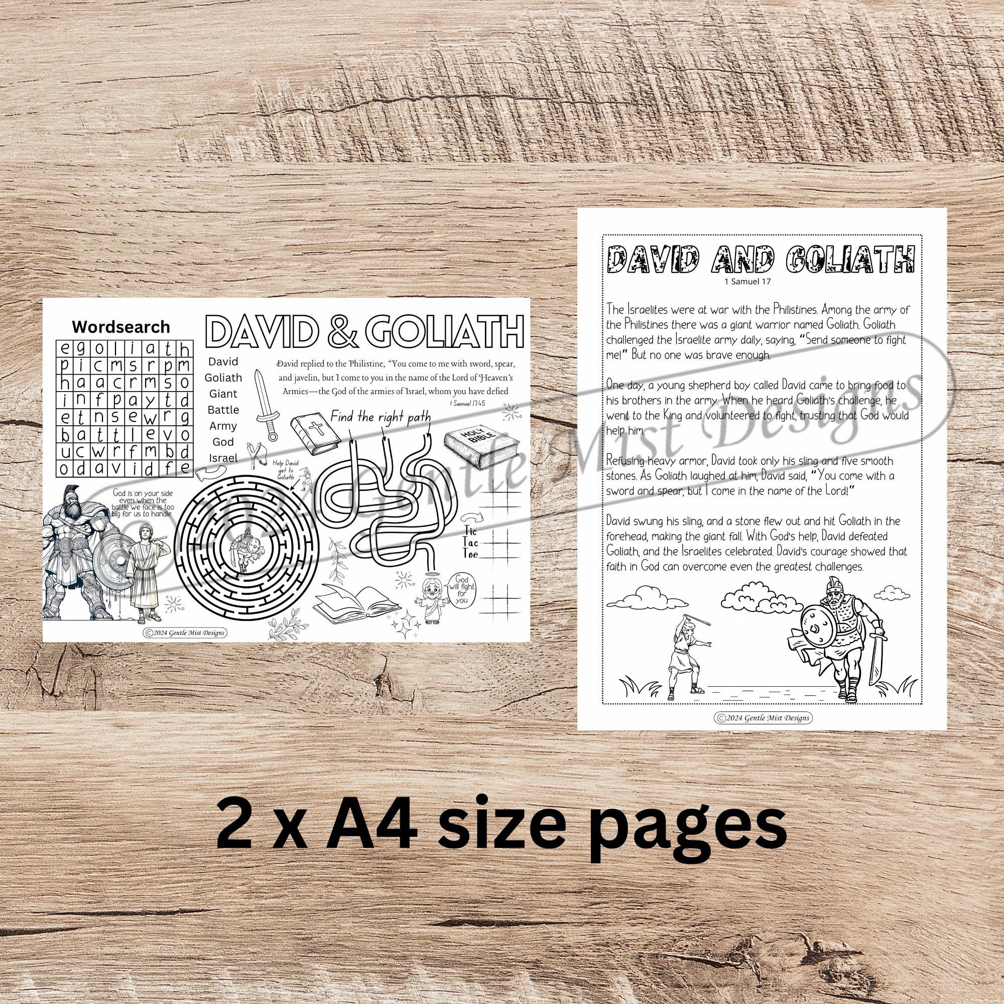 DAVID & GOLIATH Bible Story and Activity Sheet for Kids. Church Sunday ...