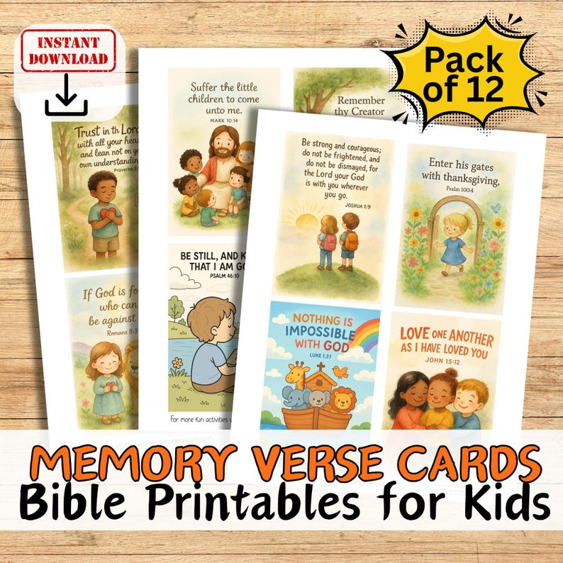 Kids Bible Memory Verse Cards Printable | 12 Cute Scripture Cards for ...