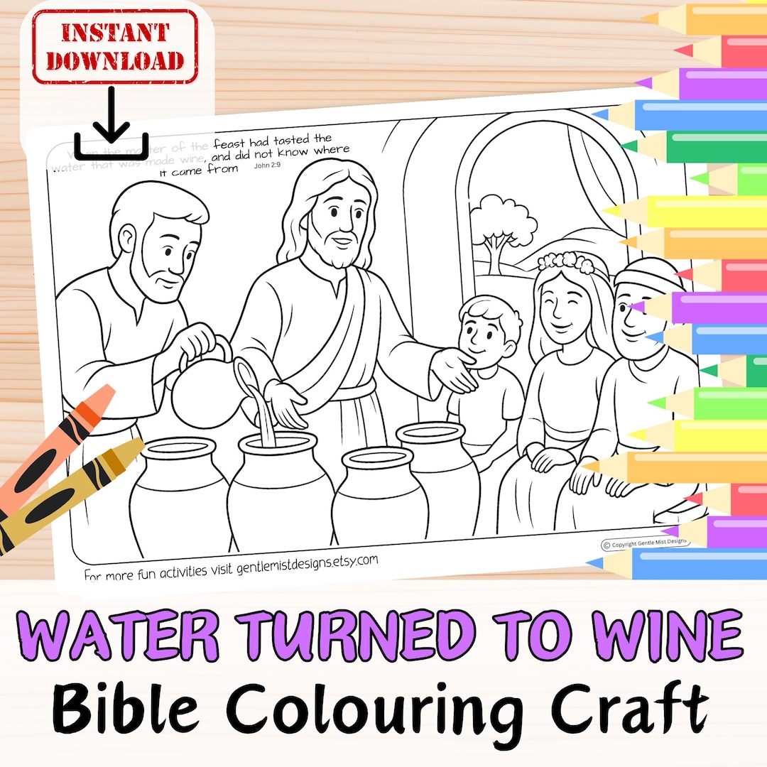 JESUS Turns WATER Into WINE Bible Verse Coloring in Sheet Activity for ...