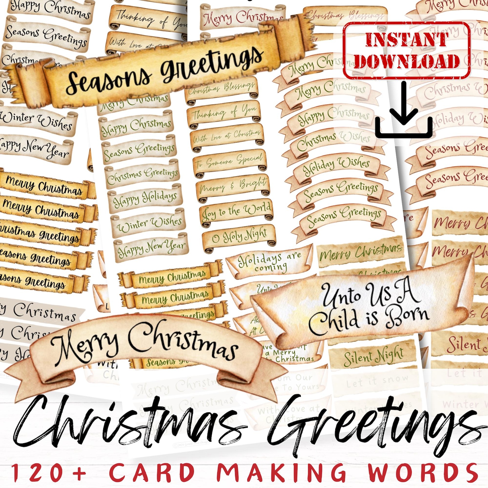 Printable CHRISTMAS GREETINGS BANNERS Fussy Cuts. Vintage Retro Card ...