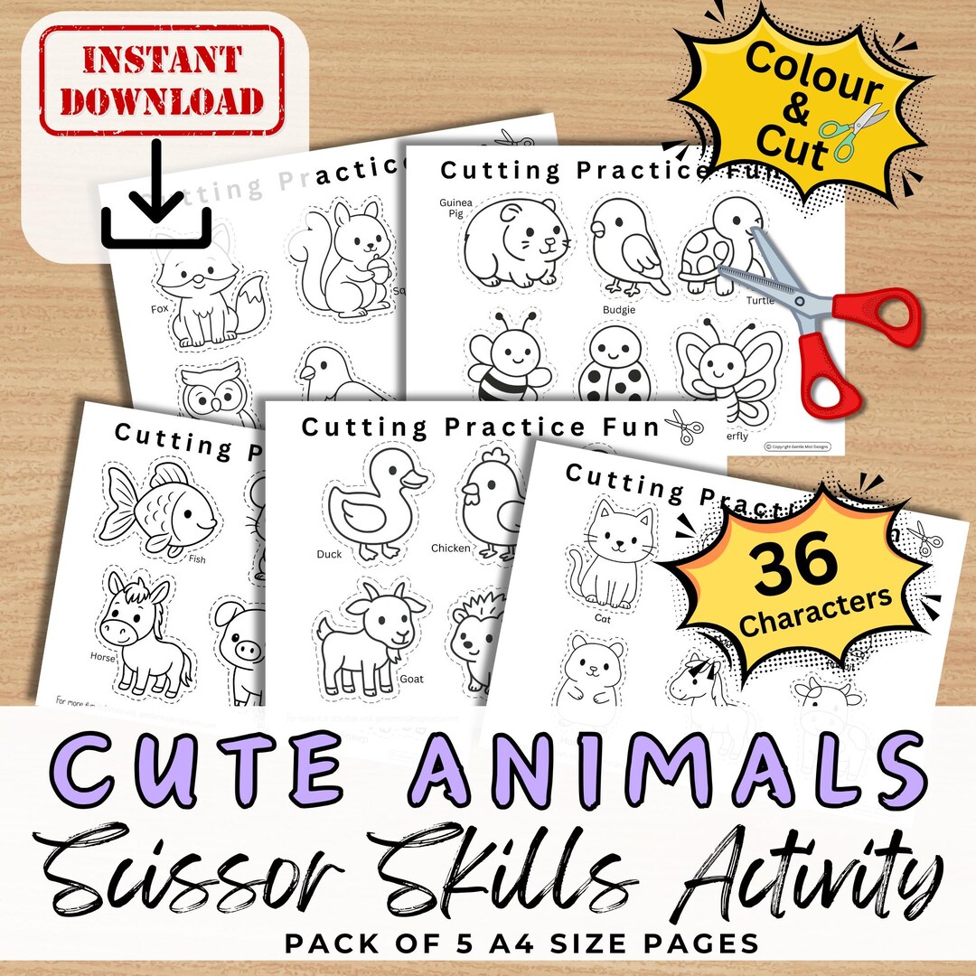 SCISSOR SKILLS - Cute Pets & Amimals Cutting Practice Activity for Kids ...